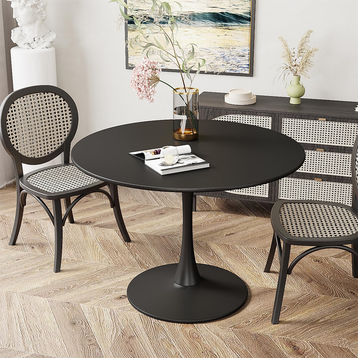 Recaceik Modern Round Dining Table, 42.1'' Tulip Table with MDF Table Top & Metal Pedestal Base for Dining Room Living Room Cafe w/ 0.71” Thickened Tabletop for 4-6 People, Black