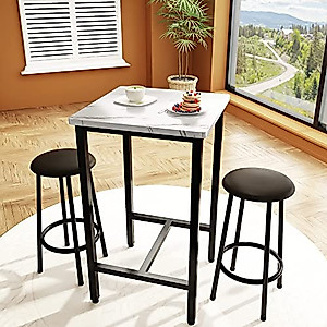 AWQM 3-Piece Dining Table and Chairs Set for Small Space, Bar Set with 1 Square Table and 2 Round Stools, Coffee Table Set for 2, Breakfast Table with Footrest and for Home & Kitchen (White)