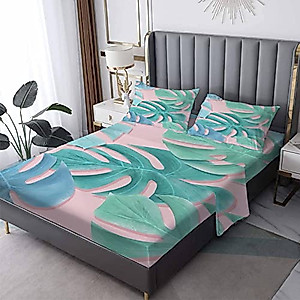 Monstera Sheets Queen - Tropical Leaves Bed Sheets Set 4 Piece for Girls Teens - Botanical Bedding Sheets & Pillowcases - Soft & Deep Pocket & Wrinkle Free - Fitted, Flat Sheet & 2 Pillow Cases