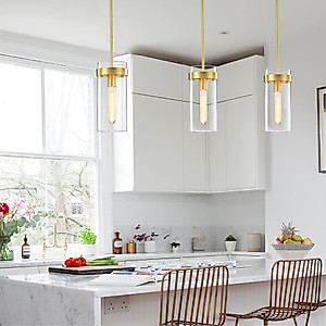 Aberaun Home Modern Gold Pendant Lights Glass Kitchen Island Lighting Rod-Hung Light Fixtures Ceiling Hanging Chandelier Over Kitchen Sink Dining Table Bathroom Tub