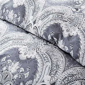 Moroccan Paisley Duvet Cover 3pc Set Bohemian Bedding Boteh Damask Medallion 400TC Egyptian Cotton Sateen Luxury Ombre Style Bed Linen (Oxford Grey, Super King)