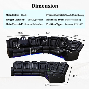 Power Recliner Sectional Sofa with LED, Breathing Leather Power Reclining Sofa Set, Sectional Reclining Couch with USB Port/Cup Holder/Storage for Living Room (Black)