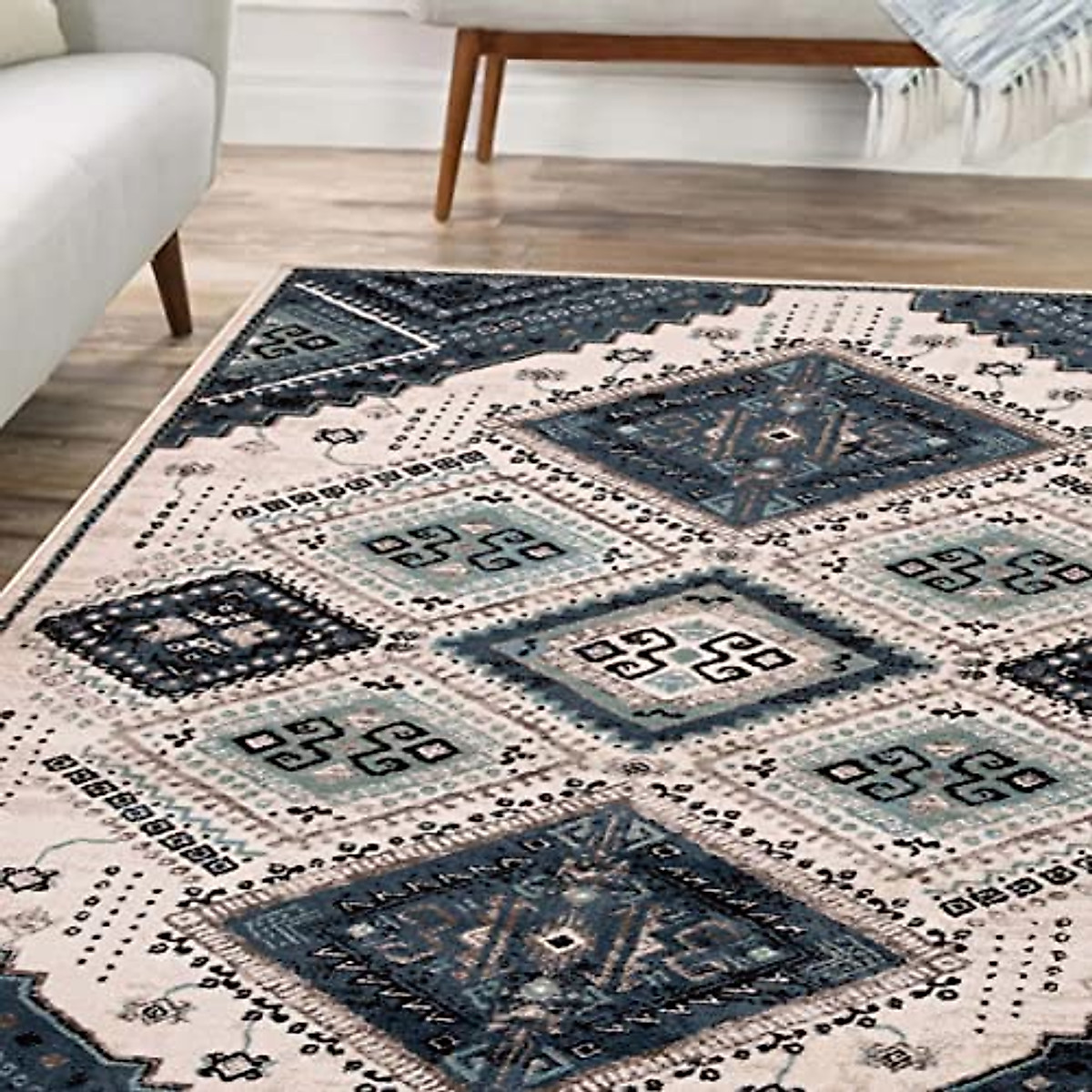SUPERIOR Poway Collection Indoor Large Area Rug, Geometric Diamonds, Home Decor Perfect for Dining Room, Living, Bedroom, Entryway, Kitchen, Dorm, Office, Jute Backing, 5' x 8', White-Navy