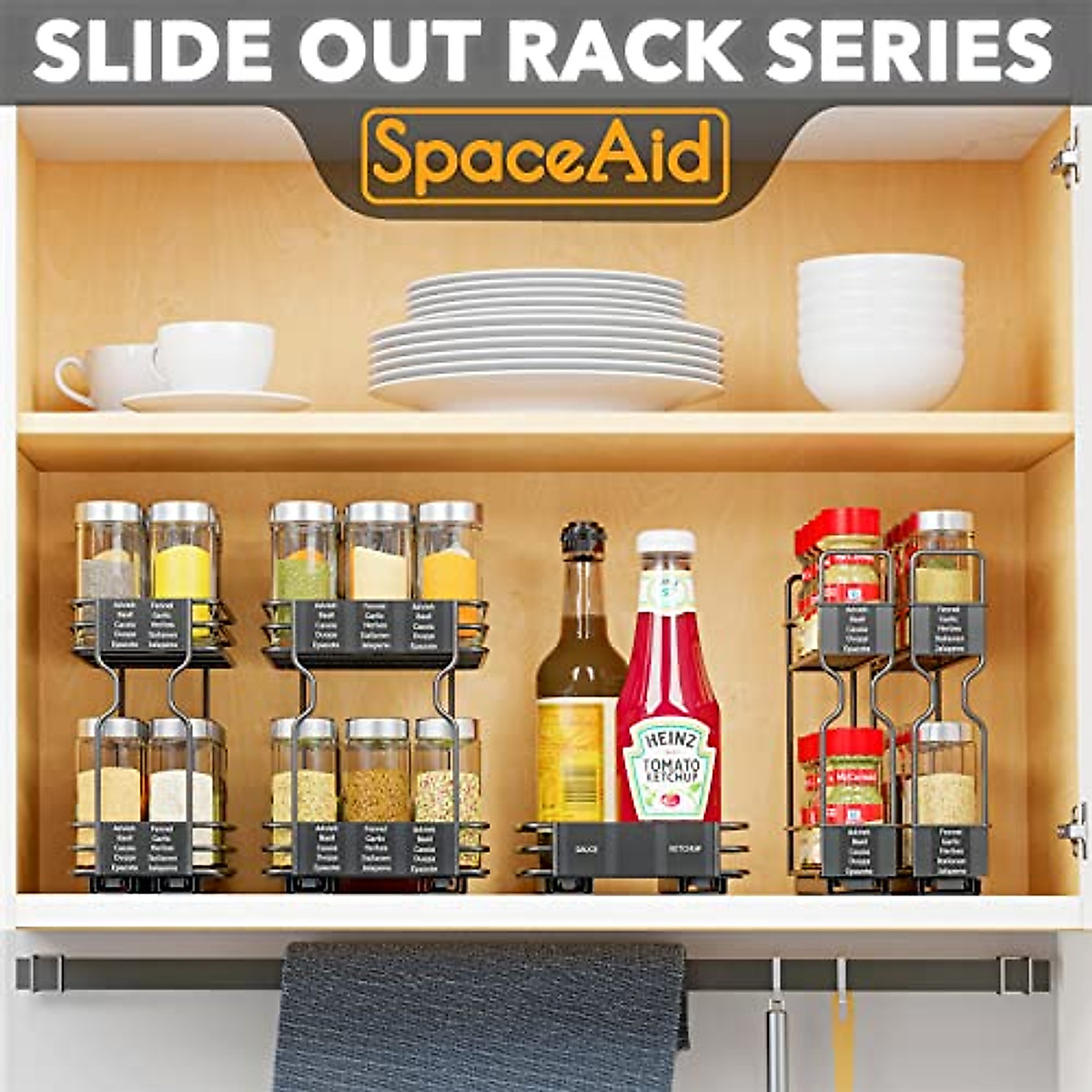 SpaceAid Pull Out Spice Rack Organizer for Cabinet, Heavy Duty Slide Out Seasoning Kitchen Organizer, Cabinet Organizer, with Labels and Chalk Marker, 5.2" W x10.75 D x10 H, 2 Drawers 2-Tier