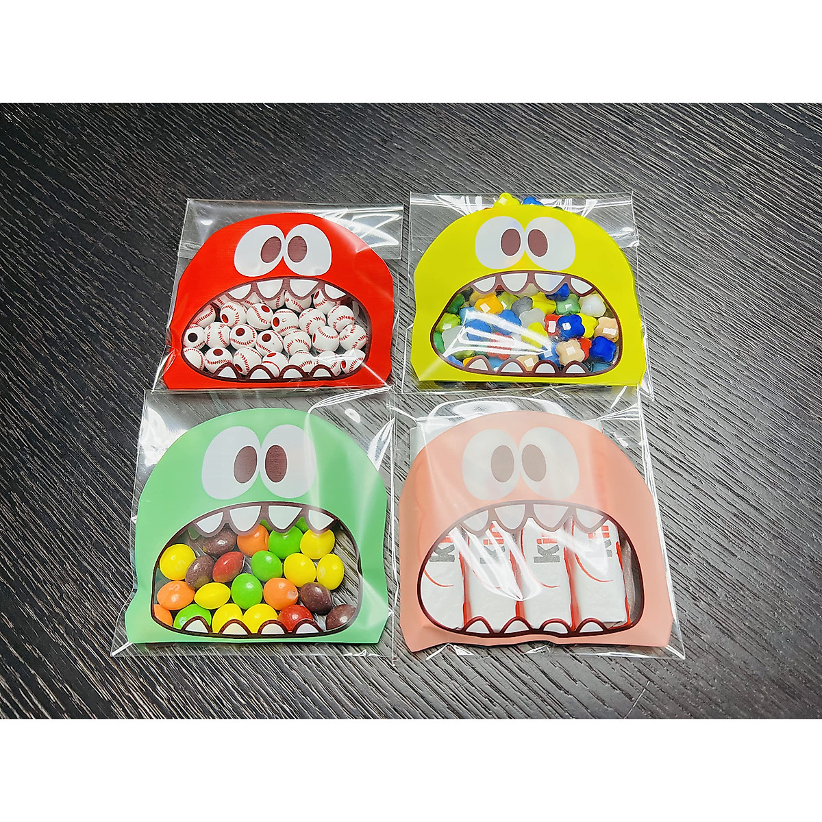 Alvene 400pcs Cookie Bags, Big Mouth Monster Self Adhesive Bags,4 x 4 Inch Flat Cellophane Goody Bags, DIY For Kids Party Favor, Candies Cookies And Chocolates (Four Colours)