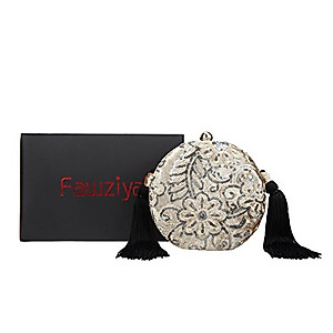 Fawziya Evening Clutch Sequin Embroidery Tassel Round Velvet Medium Novelty Purses For Women Crossbody-Beige