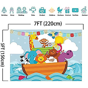 Cartoon Noah's Ark Sea Photography Backdrops Vinyl 7x5ft Wild Safari Animals Zoo Photo Backgrounds Baby Shower Party Banner Decoration Supplies for Children Birthday Cake Table Photo Booth Props