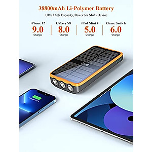 RETMSR Portable Charger, 38800mAh Solar Charger 10W Wireless QC3.0 22.5W PD 20W Fast Charging, Battery Pack with Built-in 3 Cables Super Bright Flashlight, 5 Outputs Power Bank for Cell Phone Tablet