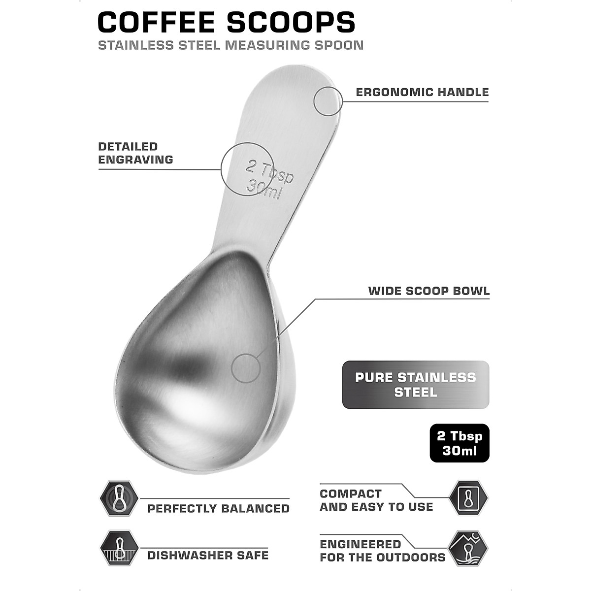 COLETTI Coffee Scoop - Tablespoon Scoop - Stainless Steel Short Handle For Measuring Ground Coffee, Sugar and Baking (2 Tbsp (30ml))