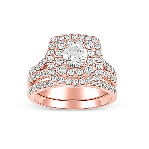 IGI Certified 14k Rose Gold 2 ct TDW Round Cut Diamond Double Halo Engagement Ring Set (I-J, I2)