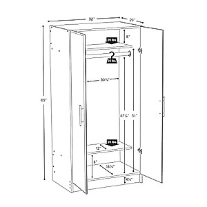 Prepac Elite Functional Wardrobe Closet Cabinet with Hanging Rail, Simplistic 2-Door Armoire Portable Closet 20" D x 32" W x 65" H, Drifted Gray, DEW-3264