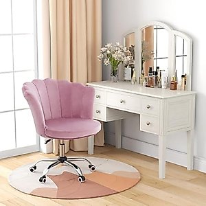 Nightcore Vanity Chair, Upholstered Cute Desk Chair, Swivel Height Adjustable Vanity Chair, Desk Chair Comfy, Shell Back Makeup Chair, Pink Desk Chair Cute w/Wheels for Girls Women