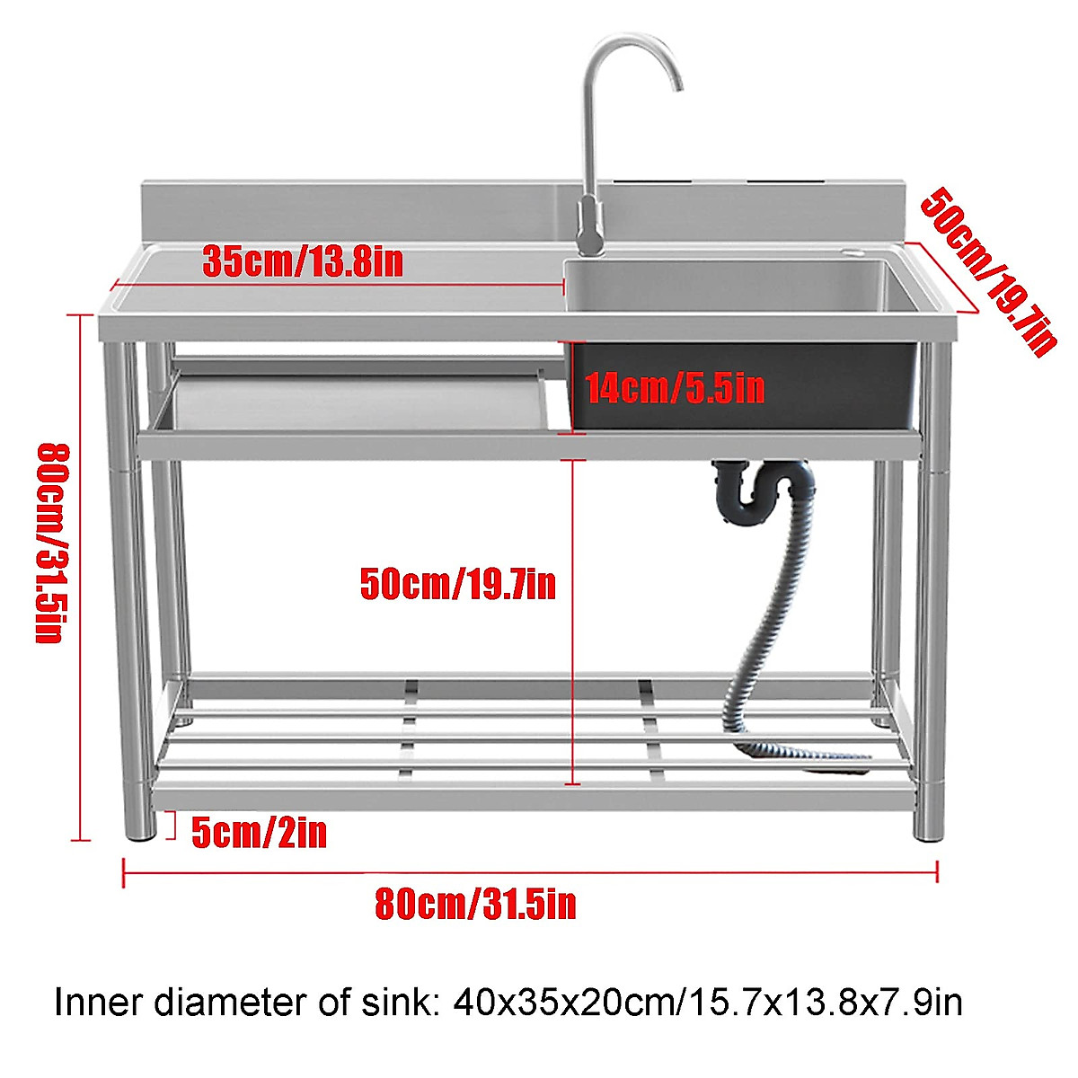 Commercial Restaurant Sink Utility Sink Stainless Steel Free-standing Kitchen Sink Set Single Bowl w/ Faucet & Drainboard for Laundry Garage Camping 80x50x80cm/31.5x19.7x31.5in Right