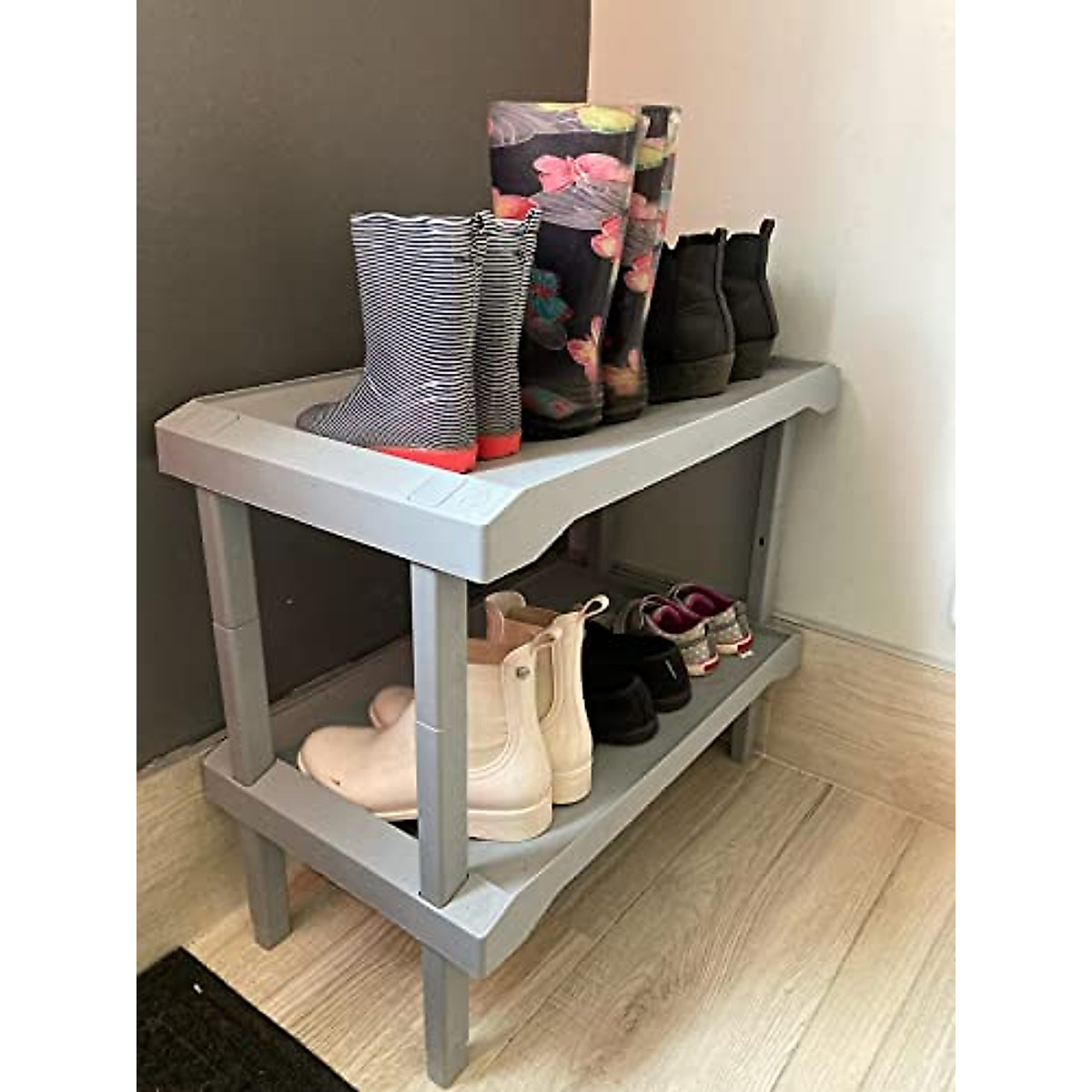 RAKABOT Water and Sand Collecting and Draining Unique Shoe and Boot Rack for Home 23.5 Inches 2 Levels Stores up to 4 Pairs of Men Boots and 6 Women Boots