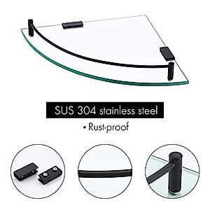 KES Glass Corner Shelf Bathroom Shelf Tempered Glass with Rail SUS 304 Stainless Steel Floating Wall Mount Bracket Matte Black, BGS2101A-BK