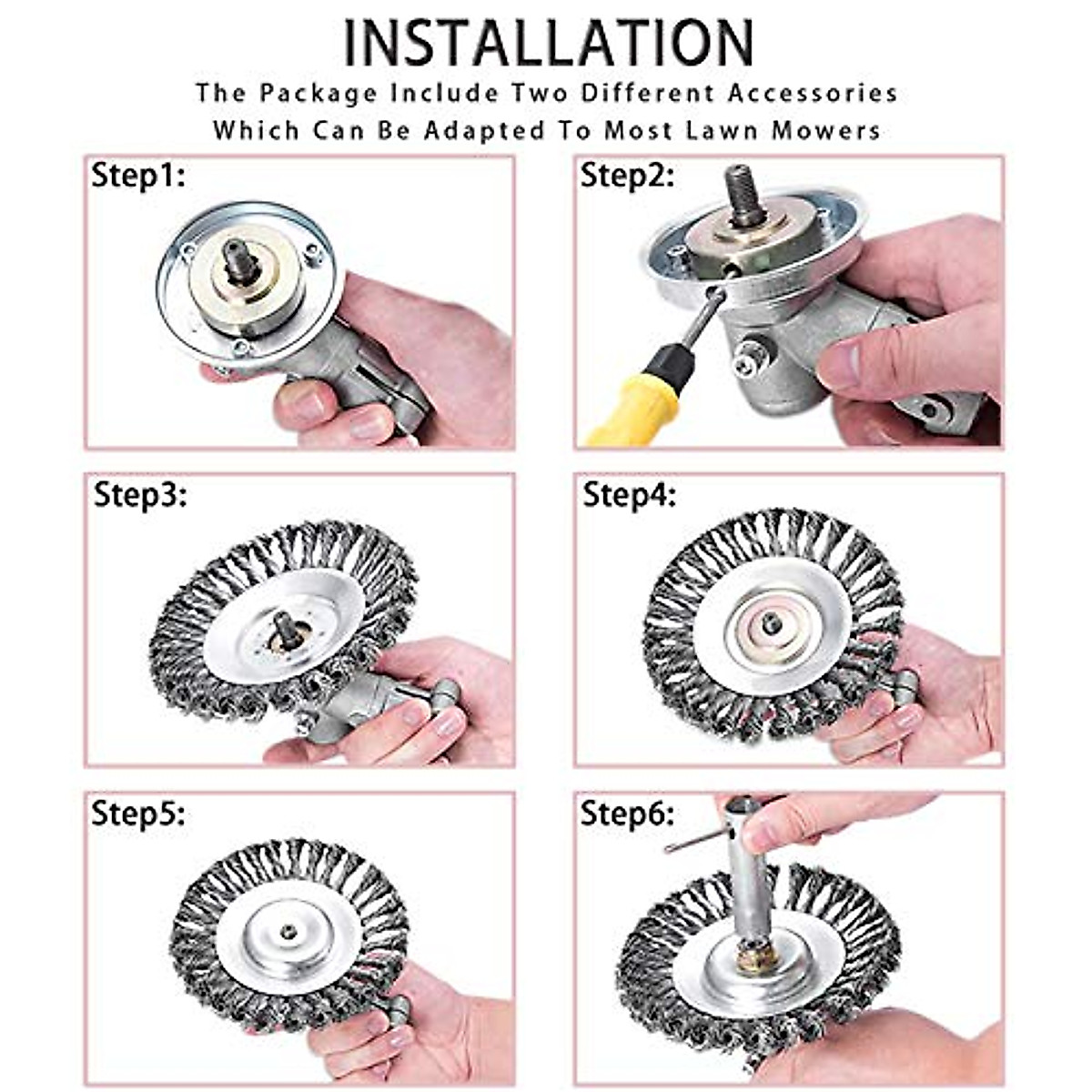 CZS 8 Inches Steel Wire Wheel Brush Weed Trimmer Head, Weed Brush Blade for Cutting Grass, Rust Removal, Deburring (2 Pack Different Adapter Kit Included)