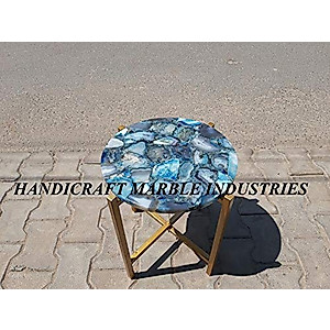 Blue Agate Round Table Top 18" x 18" Inch With Metal Stand, Blue Agate Side Table And Stand, Customized Blue Agate Table, Agate Stone Round Table, Family Heir Loom, Piece Of Conversation