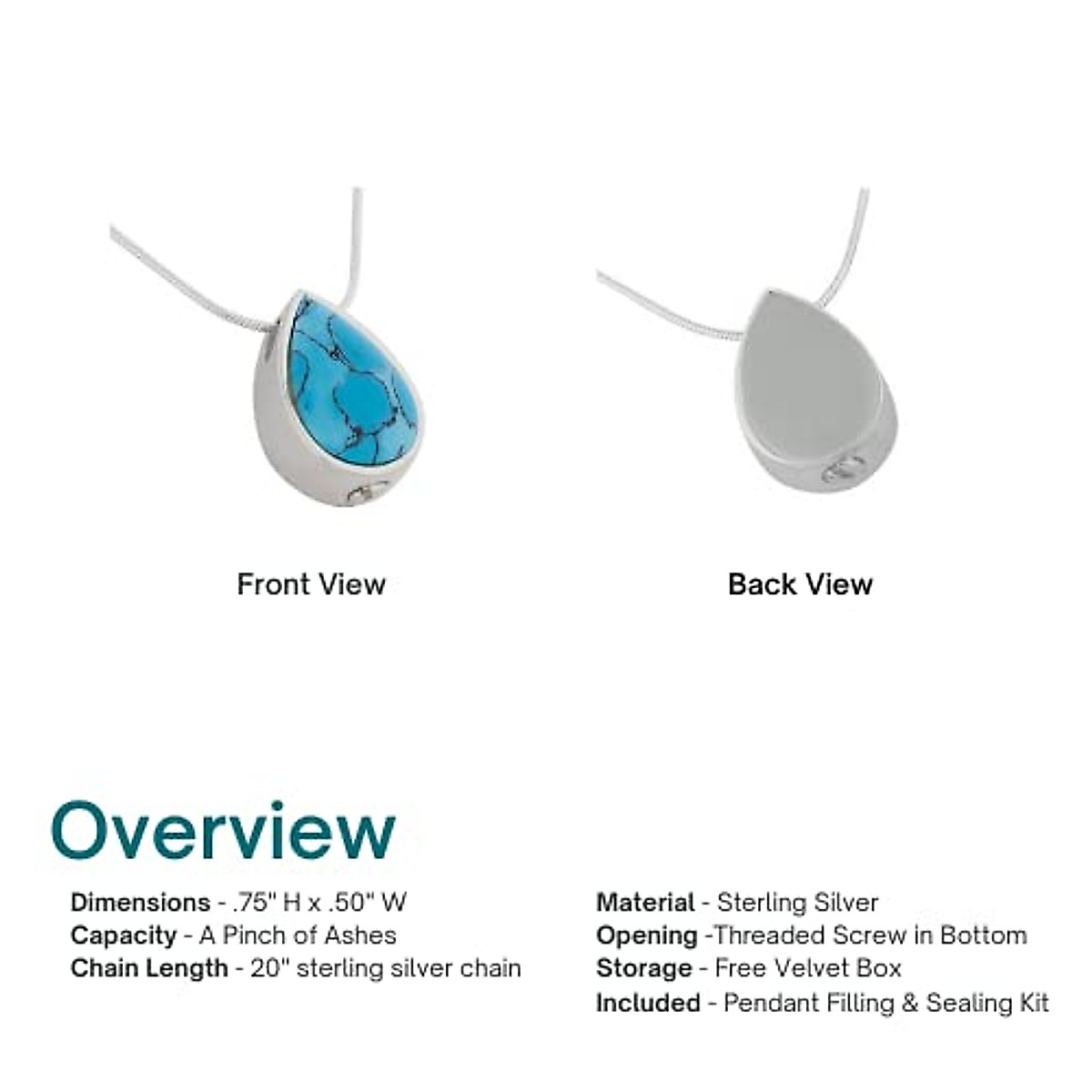 Turquoise Teardrop Pendant and Necklace for Ashes, Sterling Silver, Cremation Jewelry for Ashes