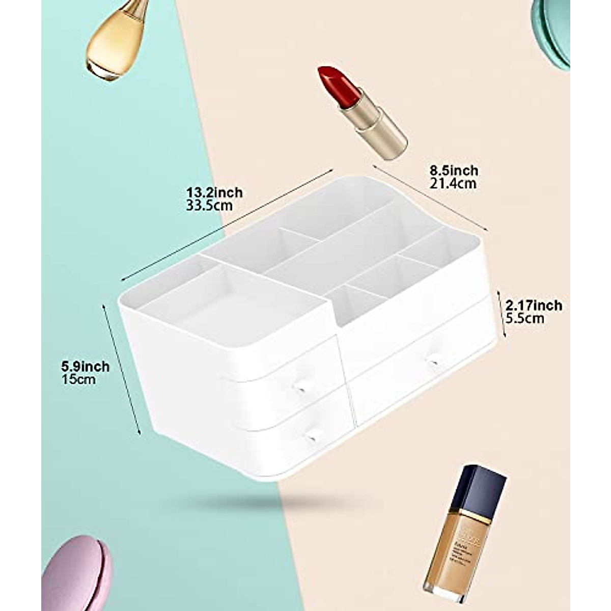 Makeup Organizer Storage with Drawers, Cosmetic Display Case for Brushes, Lotions, Perfumes, Eyeshadow, Nail Polish Ideal for Bathroom, Dresser, Countertop (White)