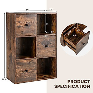 Giantex 6-Cube Bookcase with Drawers, 3-Tier Freestanding Wooden Bookshelf with Anti-toppling Device, Wood Cube Storage Organizer for Kids Room, Living Room, Study, Bedroom, Rustic Brown