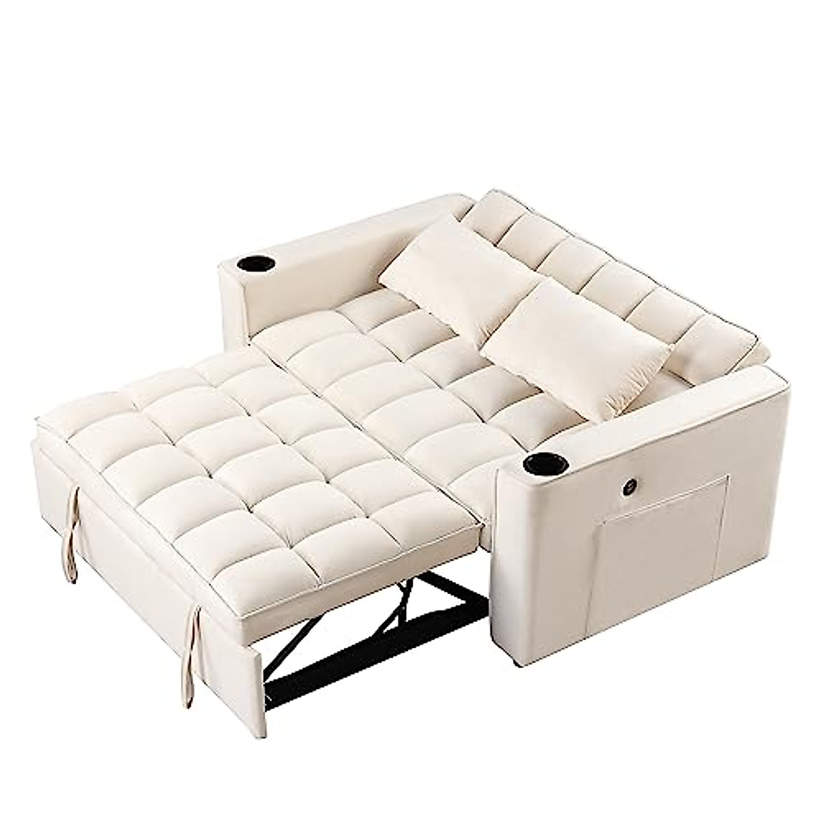 FULife 58" Convertible Sofa Couch with Pull-Out Sleeper,Adjustable Loveseat Armchair Single Bed Chair with Cup Holder,USB Port,Side Pocket&Pillows for Living Room/Apartment/Office/Studio/Small Place