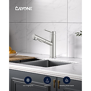 DAYONE Modern Bar Kitchen Faucet with Pull-out Sprayer Brushed Nickel, RV Single Handle Kitchen Sink Faucets Low Arc Stainless Steel, with Deck Plate for 1 3 Holes Sink Install 2 Modes and 360° Swivel