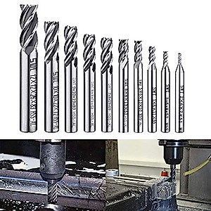 ASNOMY 10pcs 4-Flute End Mill Set, Metric CNC Milling Cutter Drill Bits Router Bits Cutter Tool Set for Wood Aluminum Steel Titanium, Straight Shank 2-12mm