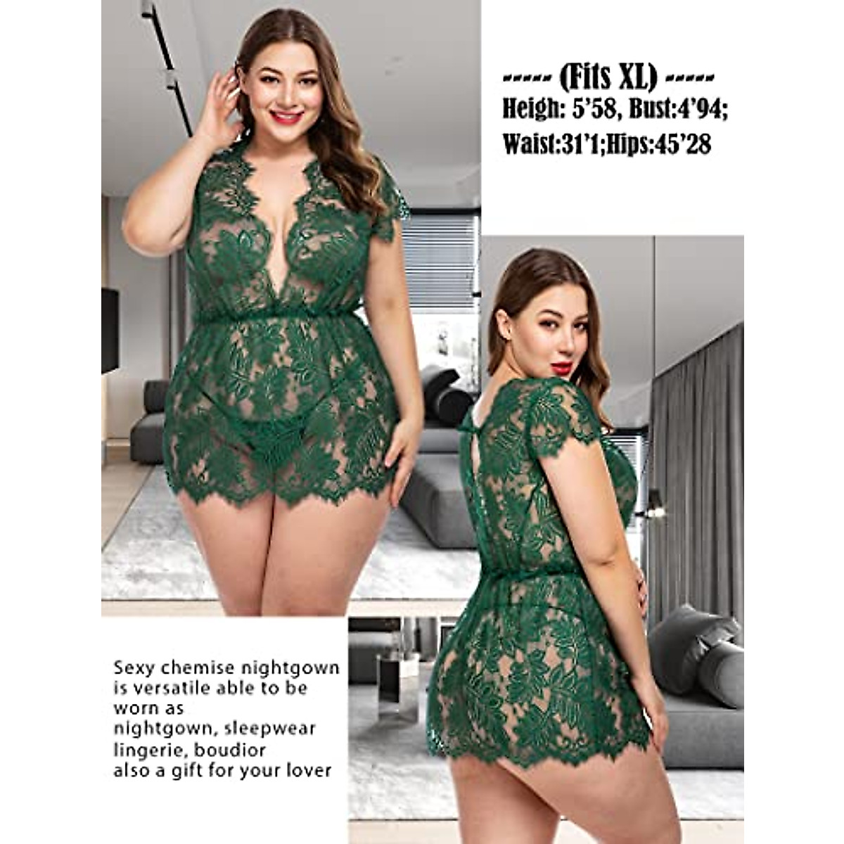 Avidlove Women Sexy Lingerie Eyelash Lace Babydoll Deep V Nightwear Mesh Sheer Chemise Dark Green