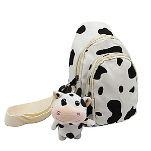 Unisex Canvas Daypack, Cartoon Printed Cows Chest Bag, Small Sling Bag with Hanging Pendant for Women Lady, White