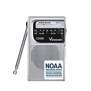 NOAA Weather Radio - Emergency NOAA/AM/FM Battery Operated Portable Radio with Best Reception and Longest Lasting Transistor. Powered by 2 AA Battery with Mono Headphone Socket, by Vondior (Silver)