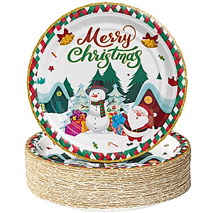 AFZMON 50 Pack Christmas Party Plates Dessert Paper Dinnerware Plates, 7 Inch Snowman Santa Gift Box Wooden Cottages Theme Disposable Round Plate for Xmas Holiday Party Supplies