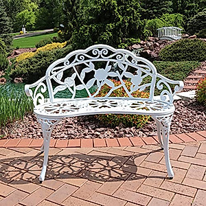 Sunnydaze 2-Person Classic Rose Cast Aluminum White Outdoor Garden Bench