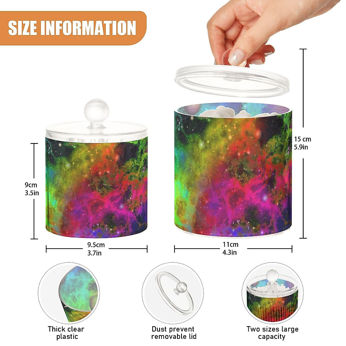 OTVEE Set of 2 Abstract Colorful Planet Universe Cotton Swab Holder Plastic Qtip Bathroom Container for Floss Apothecary Jar