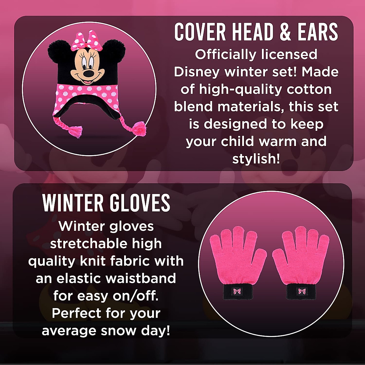 Disney Minnie Mouse Kid’s Winter Hat and Snow Gloves for Girls and Toddlers, 2 Pc. Set, Warm Fleece Lined Beanie with Bow