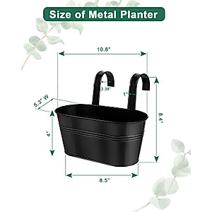 vensovo Metal Railing Planter for Outdoor Plants - 3 Pack Balcony Hanging Flower Pots with Detachable Hooks and Drain Holes Oval Bucket Rail Box Fence Planters for Home Garden Decor, Black
