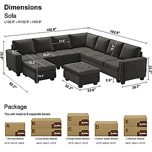 Belffin Oversized Velvet Modular 8-Seat Sectional Sofa Set with Storage Ottoman U Shaped Couch Set Modular Sectional Convertible Sofa Couch with Reversible Chaise Corner Sofa Couch Set Grey