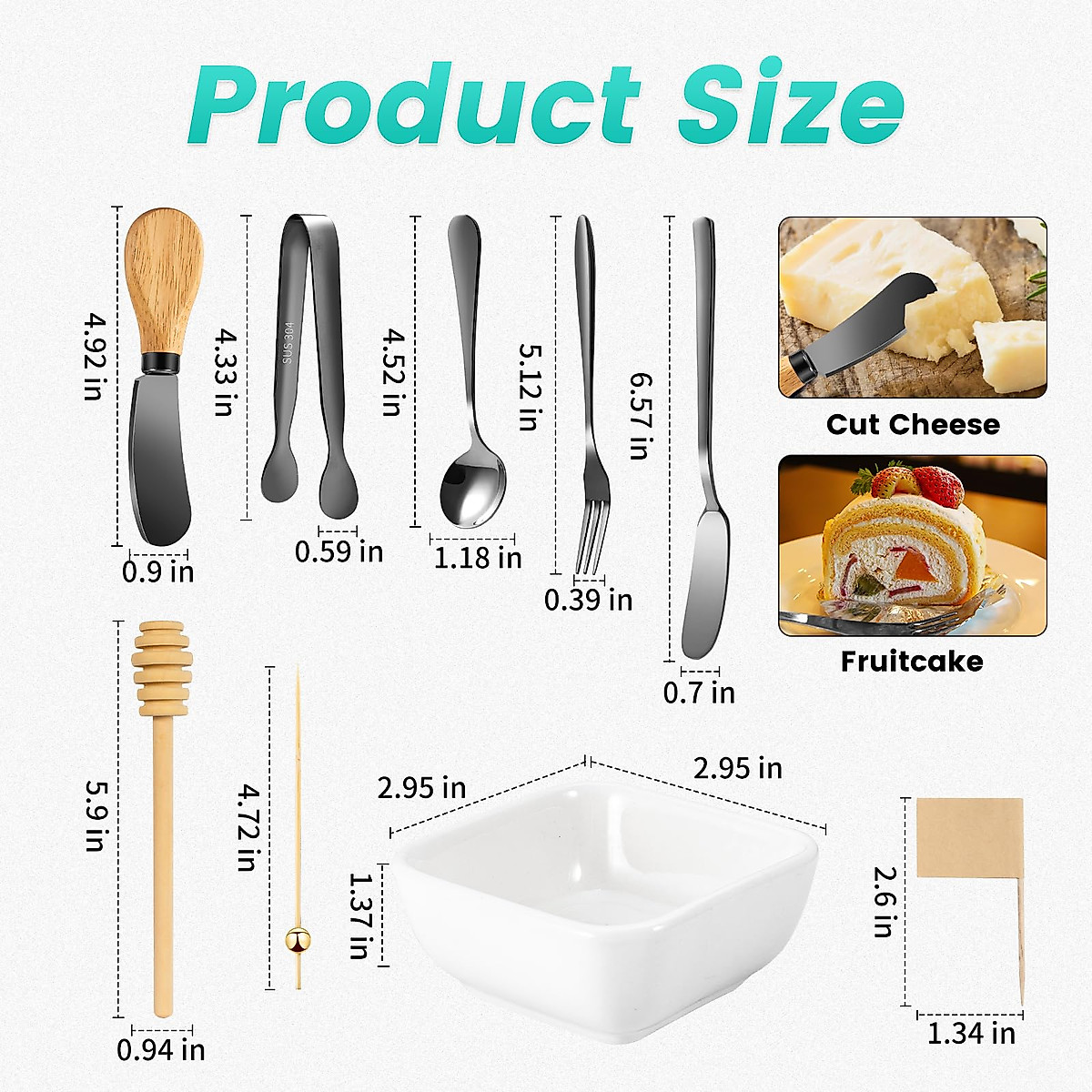 Charcuterie Board Accessories With 3 Oz Ceramic Dip Bowls, Wooden Handle Black Cheese Spreader Butter Knive Set Kit, Mini Tongs, Spoons, Forks,Honey Dipper, Cocktail Picks