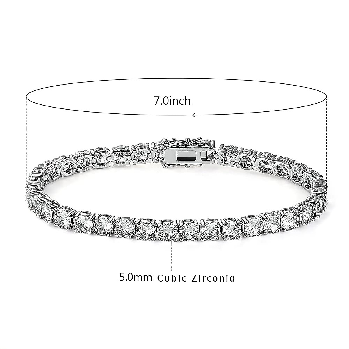 18k White Gold Plated 5.0 Cubic Zirconia Tennis Bracelet 7.5 inch for Men and Women