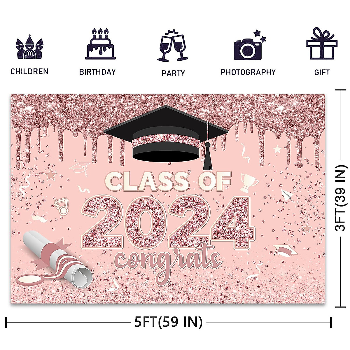 GPWXYYY Pink and Rose Gold Graduation Decorations Class of 2024 Backdrop Congrats Graduation Banner Photo Background for College Graduation Party Supplies