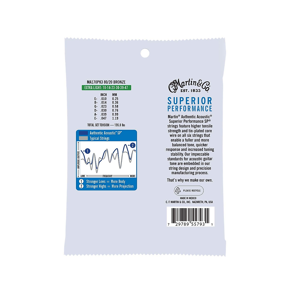 Martin Authentic Acoustic Guitar Strings, Superior Performance Extra Light 10-47 80/20 Bronze, 3 Pack