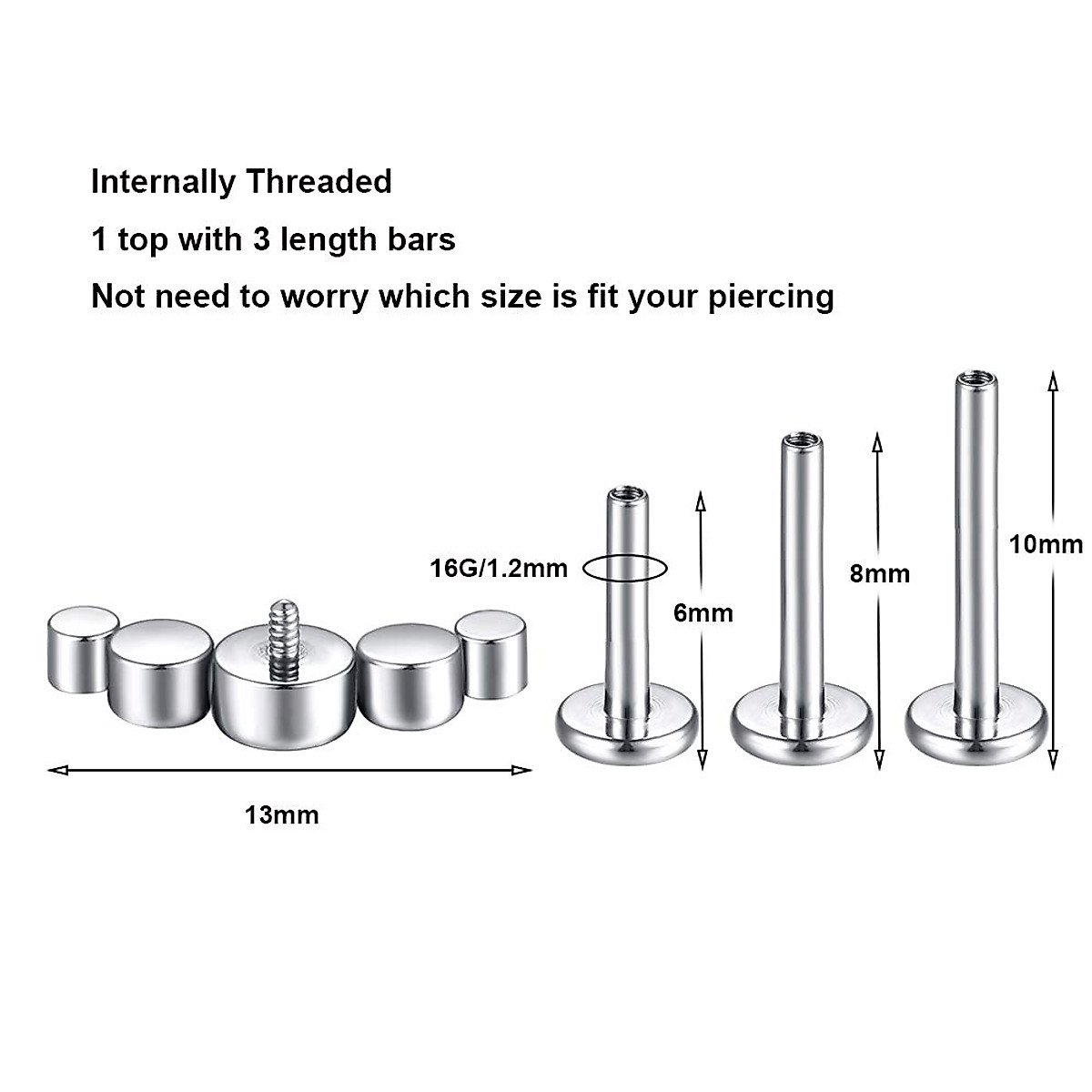 KaseStyle G23 Titanium Labret Studs 16G Internal Threaded Helix Cartilage Tragus Conch Earring Monroe Cluster Piercing Jewelry (C: 1 pcs silver)