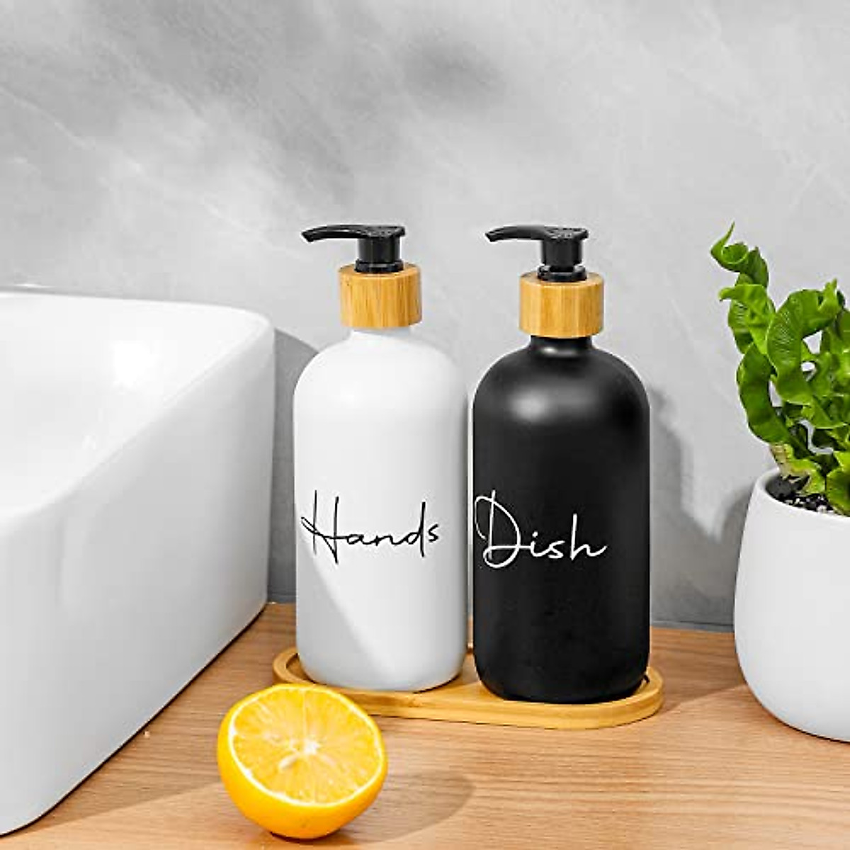 17 oz Hand Soap Dispenser Empty Glass Lotion Pump Bottles, Refillable Liquid Dish Soap Bottles for Bathroom Decor, Kitchen Sink, Matte Design and Wood Tray, Pack of 4