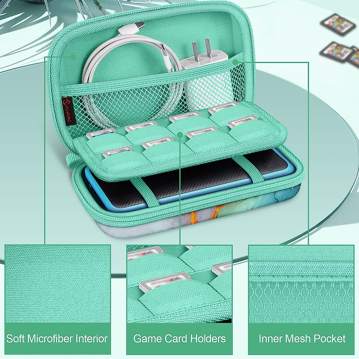 FINTIE Hard Shell Protective Case for Nintendo 2DS XL/New 3DS XL LL, Emerald Marble with Zipper Pocket and Top Handle