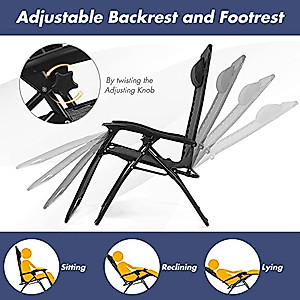 Tangkula 3 Pieces Outdoor Zero Gravity Chair Set, Folding Reclining Lounge Chair with Adjustable Backrest, Head Pillow, Matching Table with Cup Holder, Camping Recliner for Poolside, Yard (Grey)