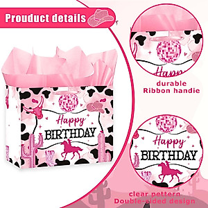 Pink Cowgirl Birthday Gift Bag Set with Tissue Paper – Extra Large Birthday Bag for Girls, Cowgirl Party Decorations, Western Theme Gift Bags for Women Kids, Disco Cowgirl Party Favors, 11.8 x 9.4 x 5.3 Inches