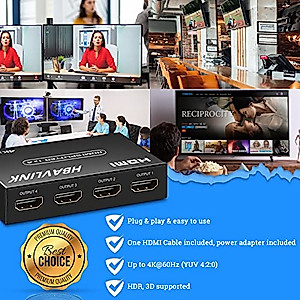 HDMI Splitter 1 in 4 Out 4K, HBAVLINK 4 Port HDMI Splitter Powered Video Splitter 4 Outputs w/HDMI Cord+ AC Adapter, Duplicate/Mirror Screens for Fire Stick/Roku/DirecTV/Cable Box/Security Cameras