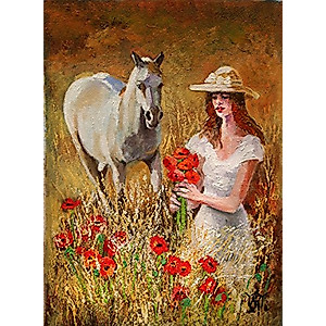 (SOLD) Poppies in the Field - a girl and her horse by internationally renown painter Yary Dluhos.