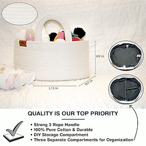 Mojoohouse Baby Diaper Caddy Organizer, Large Nursery Storage Bin, Car Organizer for Diapers with dividers, Portable Tote Bag, Cotton Rope Diaper Basket for Boy Girl (White)