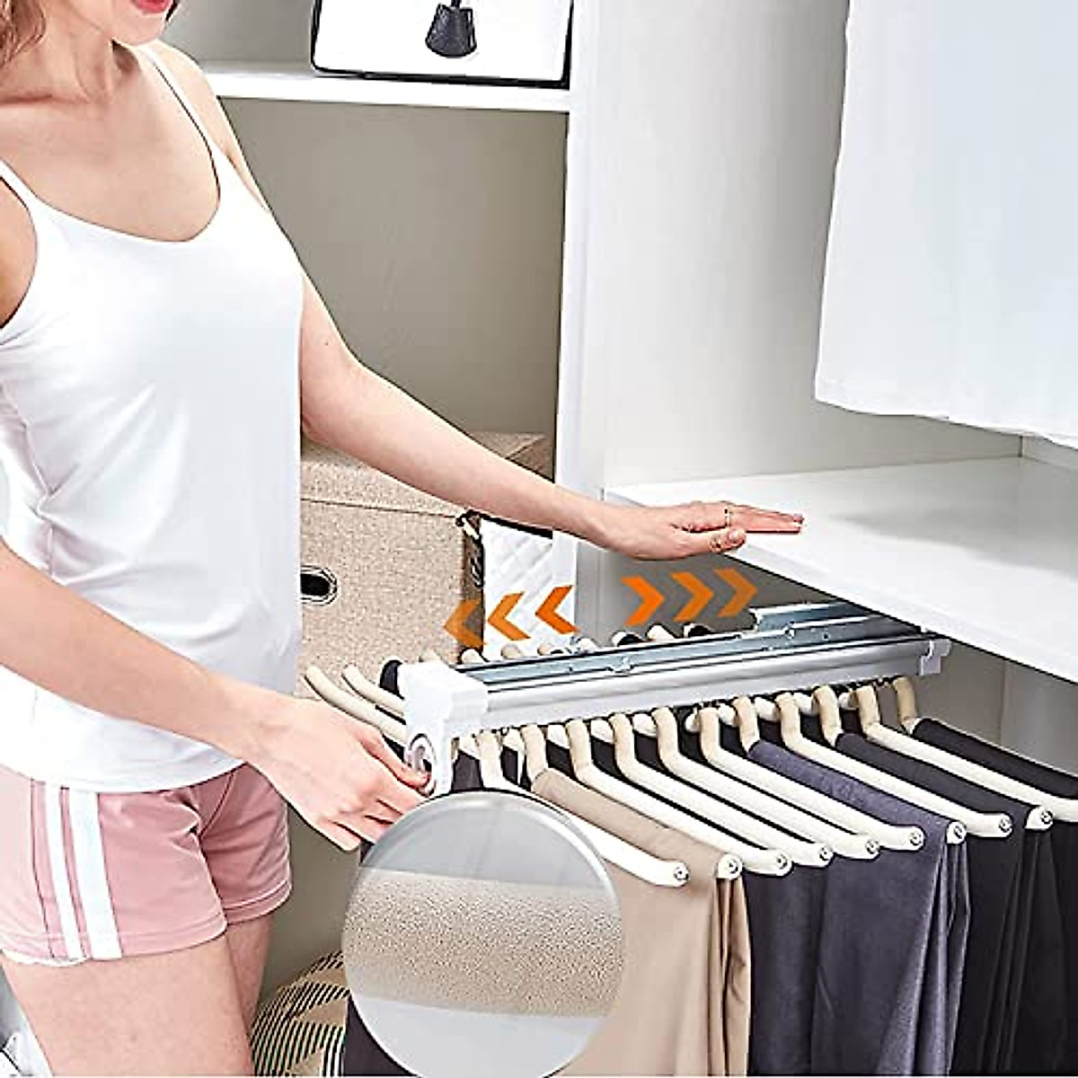 MYOYAY Pull Out Trousers Rack 22 Arms Steel Pull Out Pants Rack Pants Hanger Bar Clothes Organizers for Closet for Space Saving and Storage Maximum Load 33lbs Beige 23.4x18x5.7inch