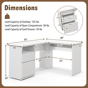 GOFLAME L-Shaped Desk, 59" Corner Computer Desk with File Drawer & Open Shelf, Large Workstation w/ 2 Cable Management Holes, Writing Study Desk for Home Office, White